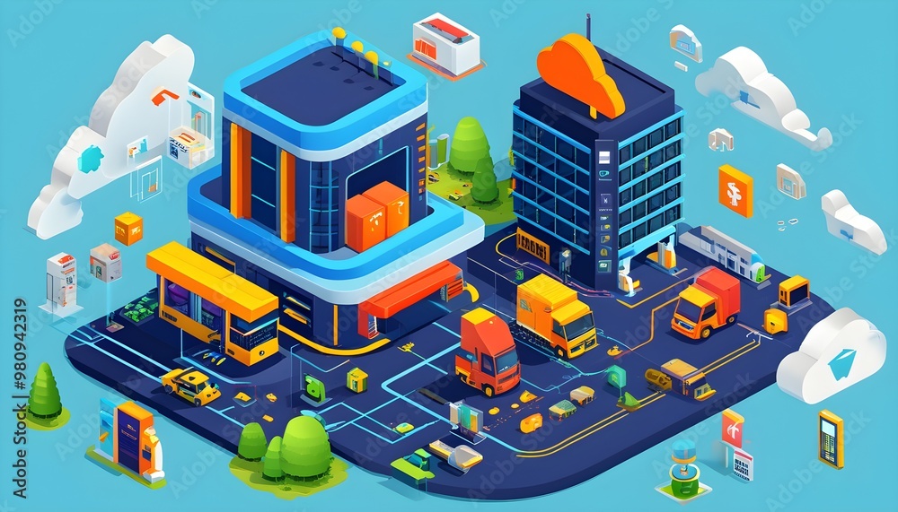 Isometric illustration of cloud computing platform featuring a gas ...