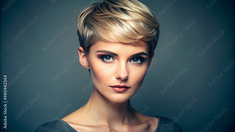 Confidently posed, this woman sports a chic pixie cut, her bold facial ...