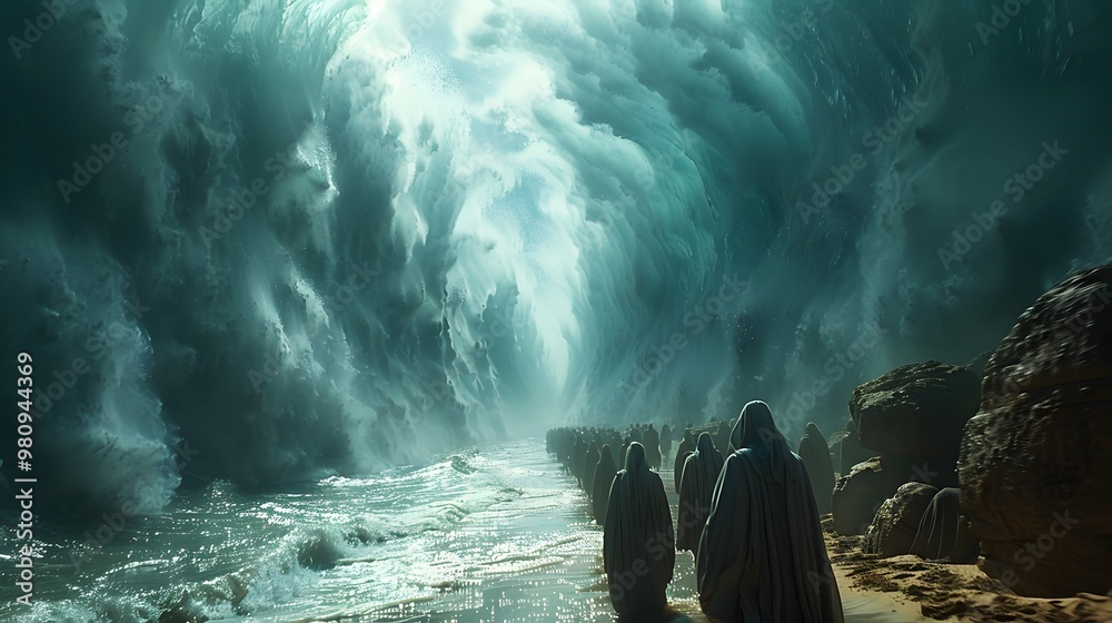 Capture the moment of Moses commanding the Red Sea to part, creating a ...