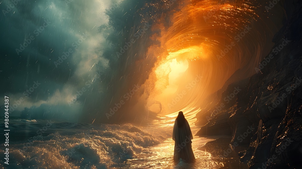 Capture the moment of Moses commanding the Red Sea to part, creating a ...