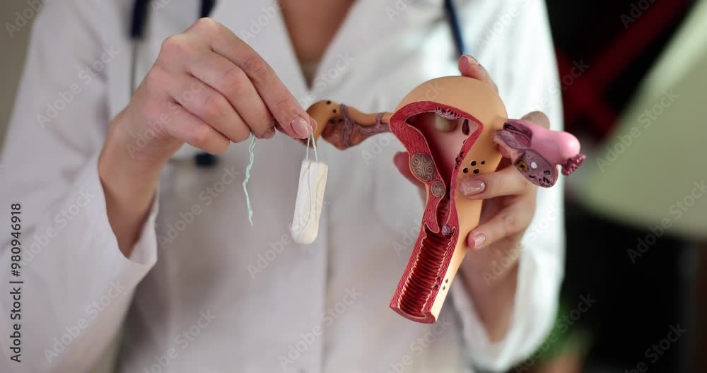 Gynecologist demonstrates model of female reproductive system and ...