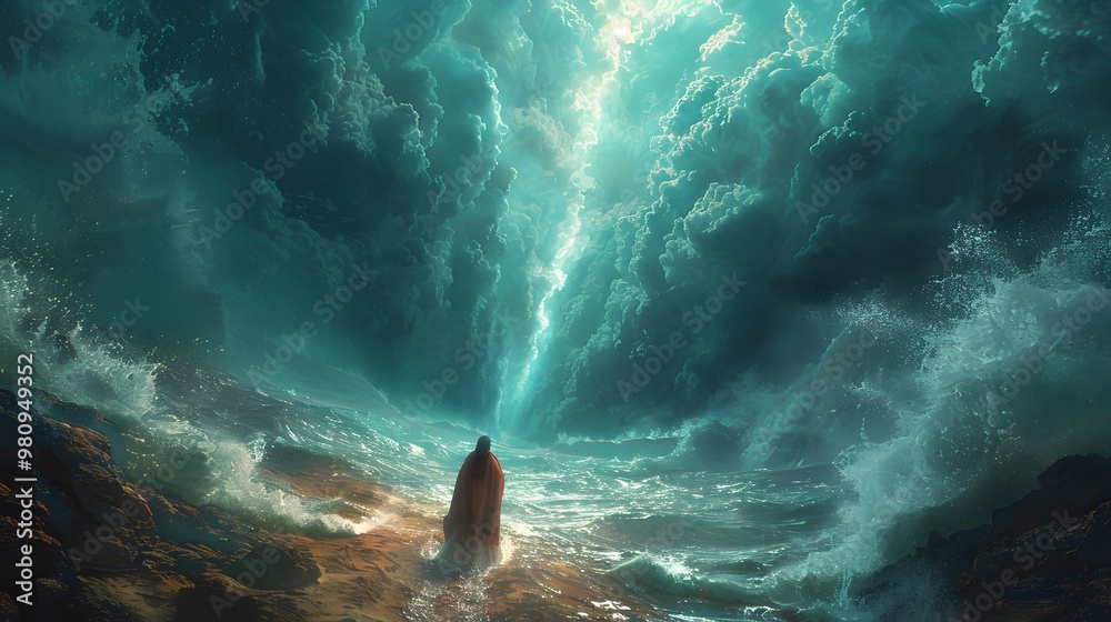 Illustrate Moses standing strong as the Red Sea parts before him ...