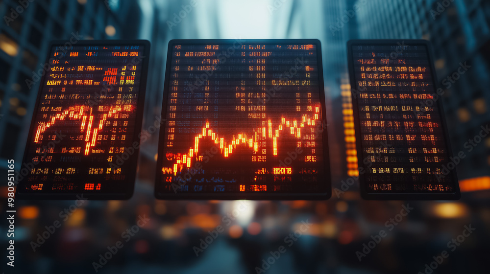 Three computer screens displaying stock market data. The screens are ...
