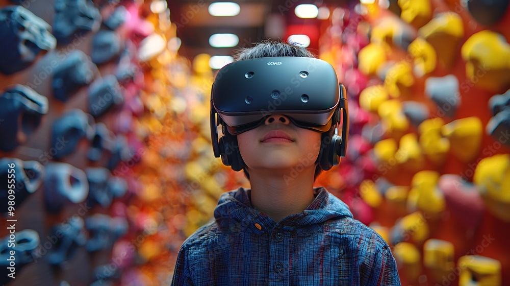 Render a scene of an Asian boy wearing a VR headset, simulating a rock ...