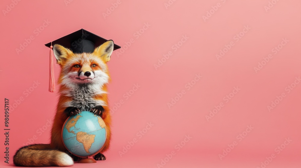 Graduation-cap-wearing fox with a globe on a coral pink background. A ...