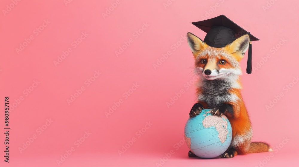 Graduation-cap-wearing fox with a globe on a coral pink background. A ...