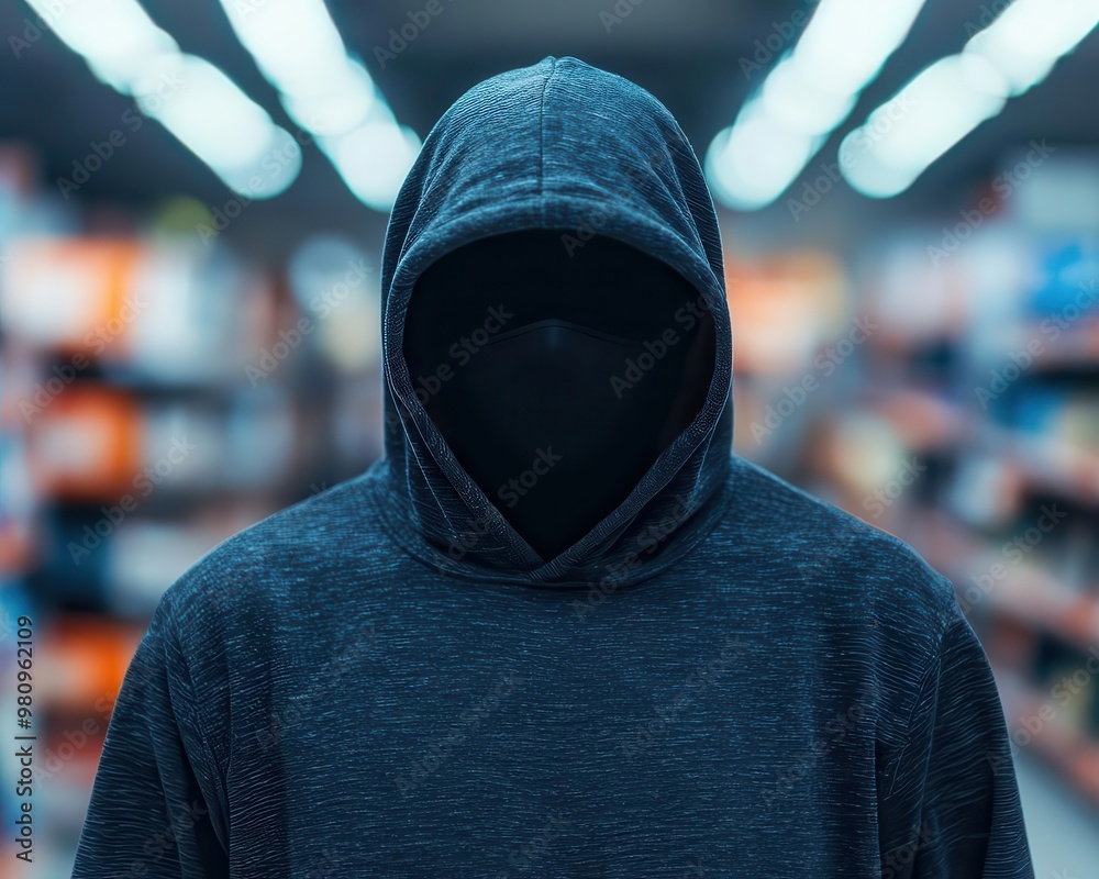 Hooded figure in a dimly lit retail store, caught on surveillance ...