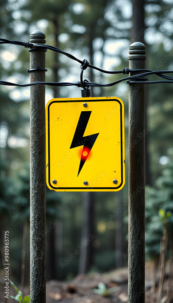 Electrical fence warning sign with electric shock icon hanging on wire ...