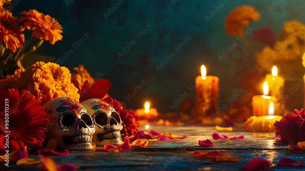 un altar de muertos con veladoras encendidas y calaveras del azucar con ...