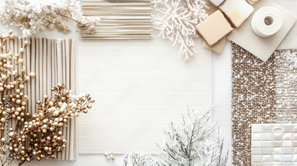 Modern flat lay composition in sequin, quietude, snowbound, gold color ...