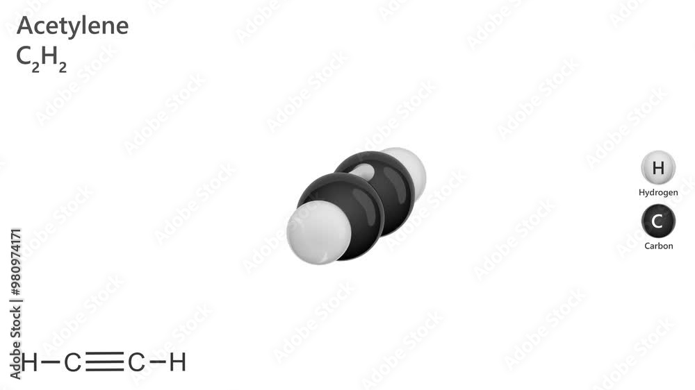 Chemical structure and 3d model of Acetylene molecule. Acetylene (or ...