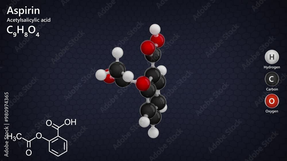 The 3D structure of Aspirin molecule C9H8O4. Acetylsalicylic acid is a ...