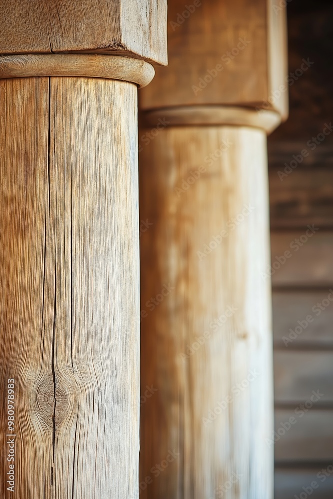 Two large wooden columns featuring a rough, natural texture ...