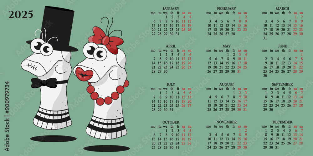 Trippy style horizontal 2025 new year Calendar with weird sock toy ...