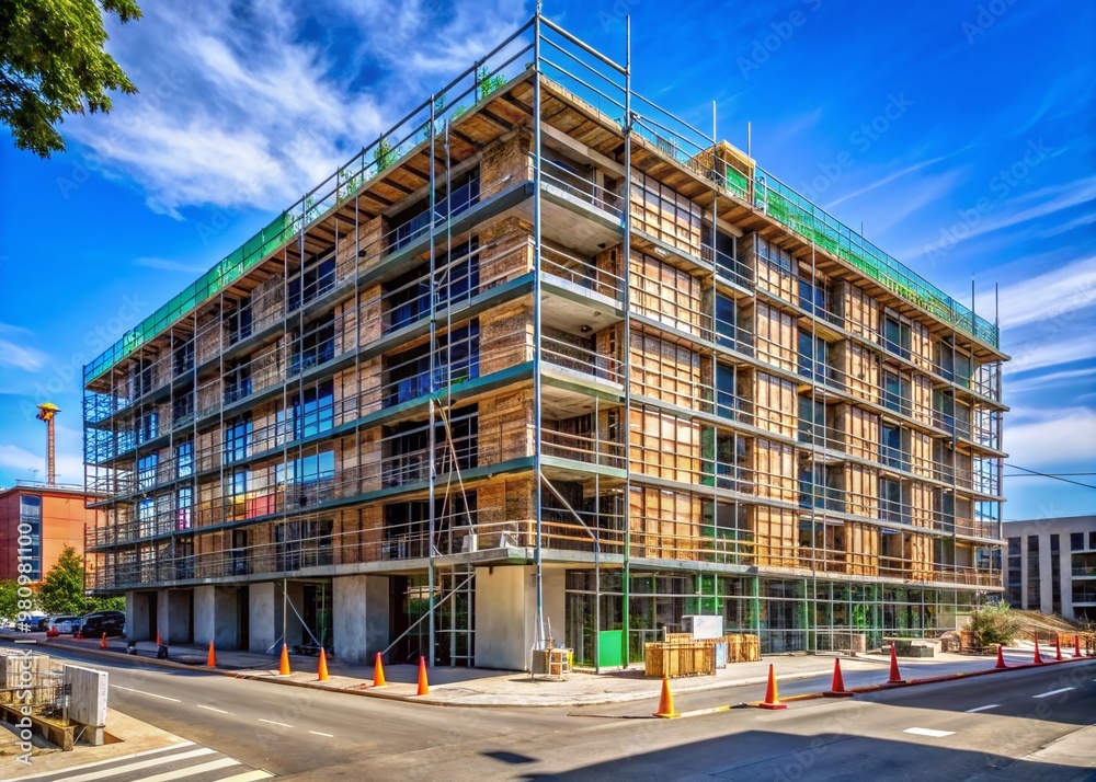 Scaffolding surrounds a mid-rise hotel building under renovation, with ...
