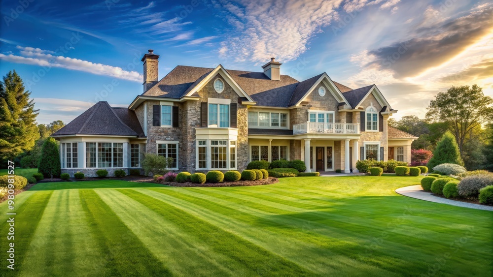 Luxurious big house with a green grass field, creating a welcoming and ...