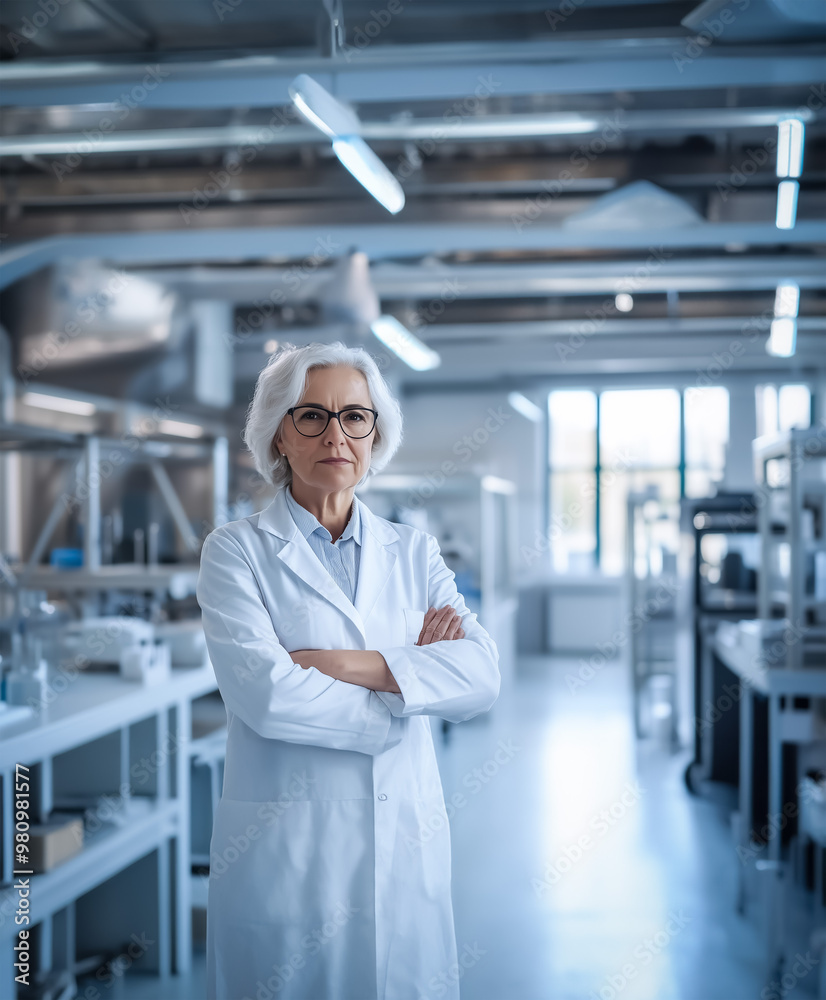 A confident senior female scientist poses in a state-of-the-art ...