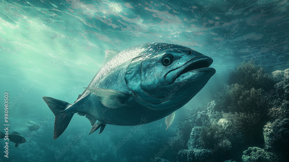 A giant trevally hunting in the open ocean, its powerful body and sharp ...