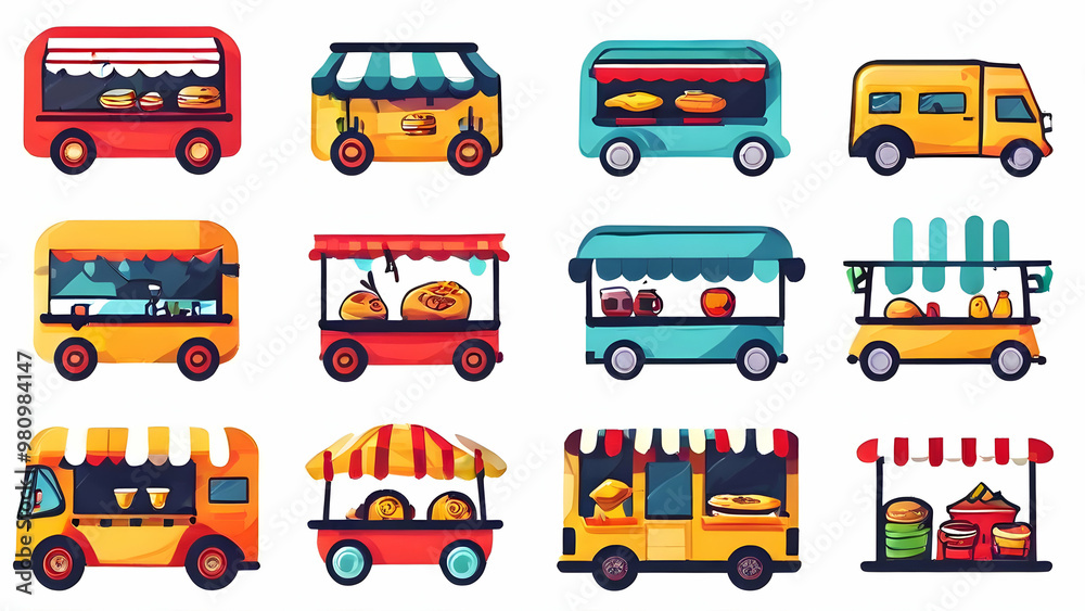 Cafe wheels icons set. Colorful icons depicting various food trucks and ...