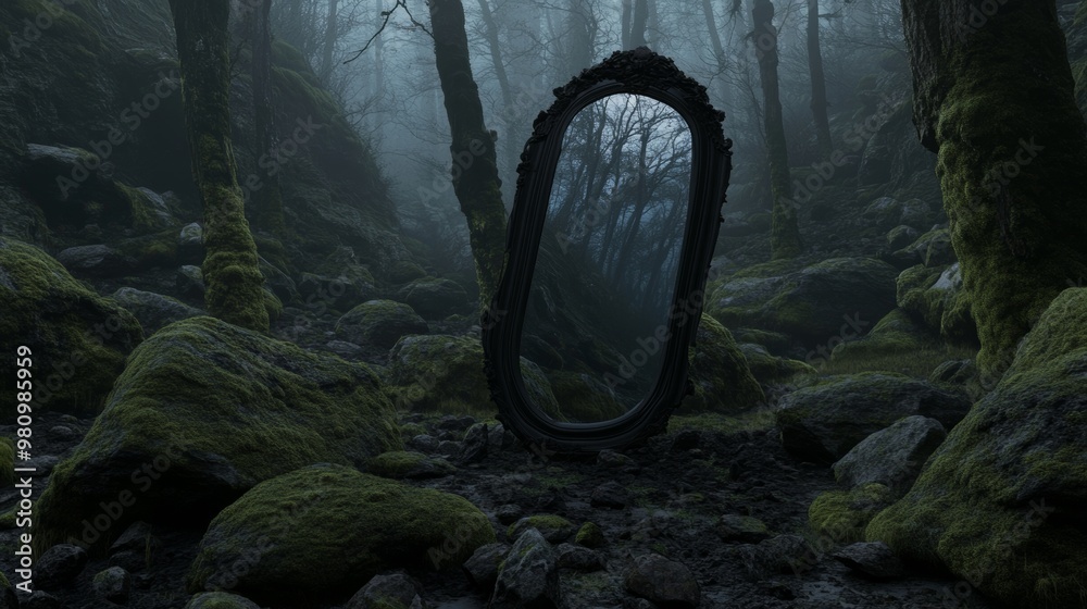 In a fantasy forest, a mysterious magic mirror and a portal to another ...
