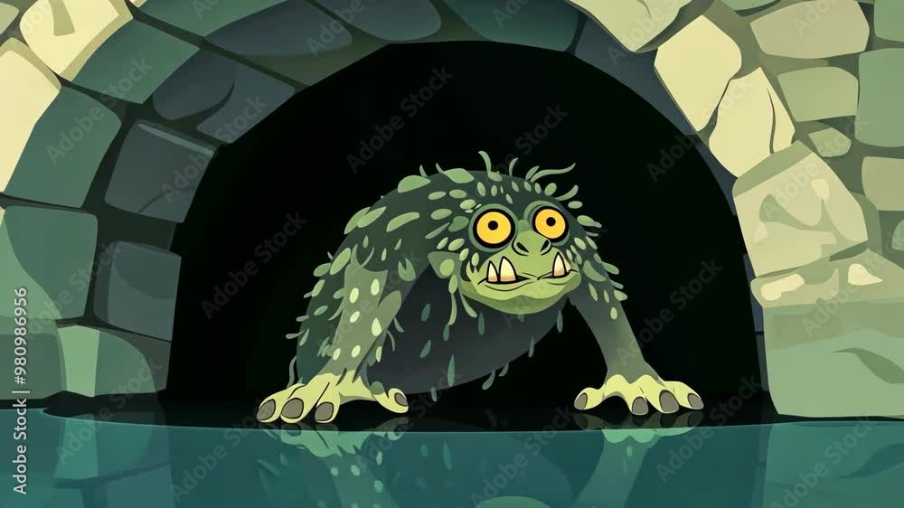 Troll Under a Bridge Lurking in River at Dusk Fairy Tale Illustration with Stone Bridge Magical ...