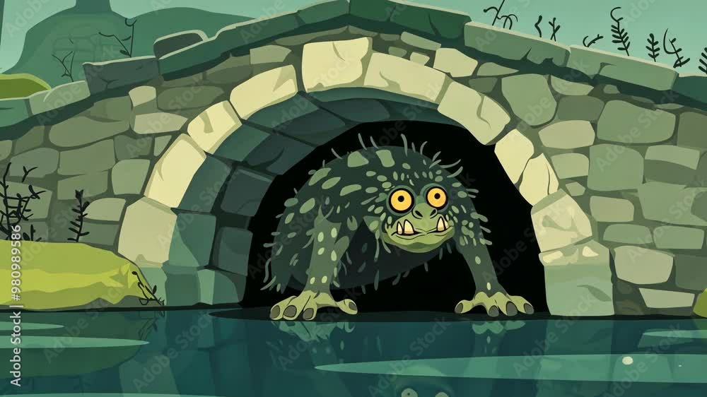 Troll Under a Bridge Lurking in River at Dusk Fairy Tale Illustration ...