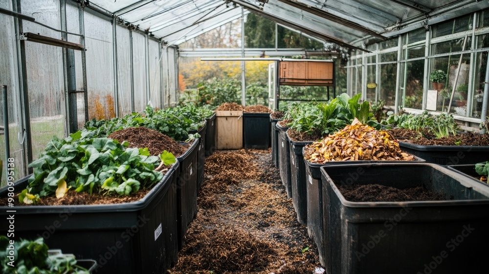 Greenhouse environment with compost bins converting organic waste into ...