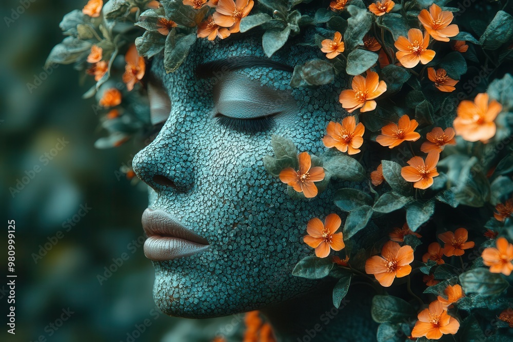 surreal portrait merging human face with blooming tree flowers and ...
