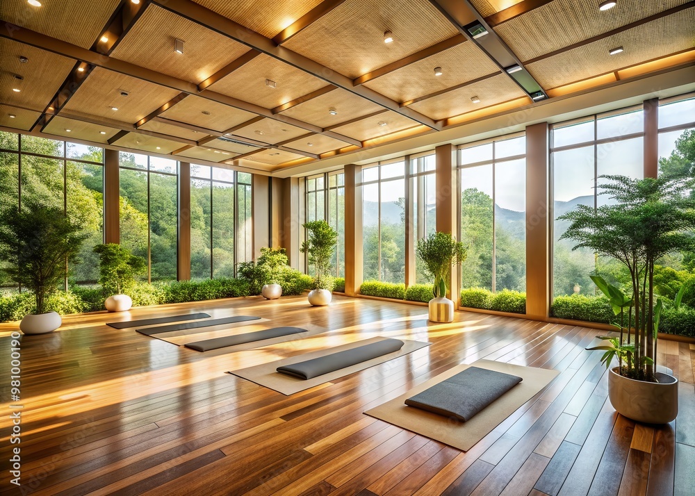 Serenely lit yoga studio with sleek wooden floors, calming greenery ...