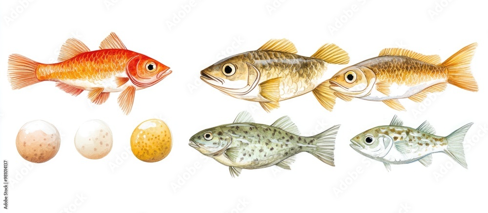Developmental stages of fish illustrating the life cycle from egg roe ...