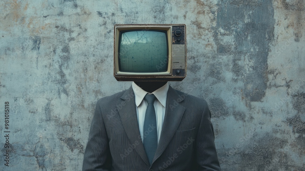 Striking visual of a man dressed in formal attire with a vintage TV ...
