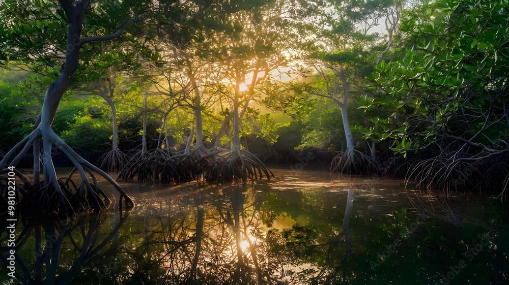 Sunlight filtering through mangrove trees in a serene wetland setting ...
