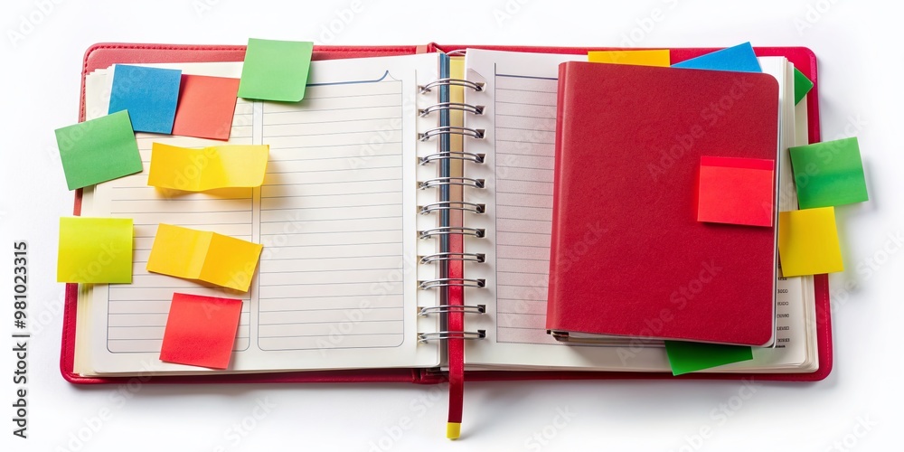 Vibrant red planner with assorted colored sticky notes scattered on a ...