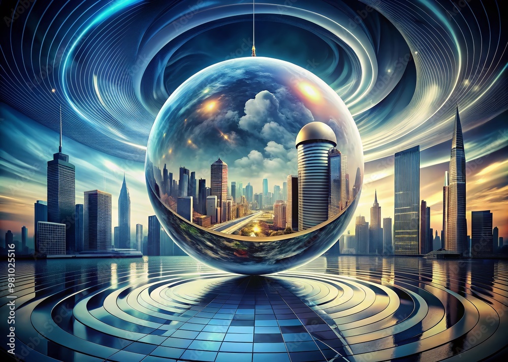 Surreal futuristic scene featuring a floating globe with a cityscape ...