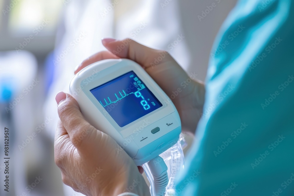 A person is holding a medical device that shows a heart rate, which is ...