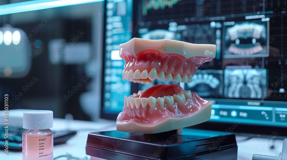 Dental model with teeth, sitting on a desk in a dental office. The ...