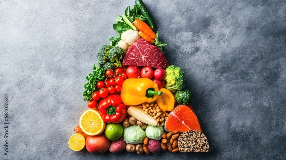 A vibrant food pyramid illustrating the five food groups: fruits ...