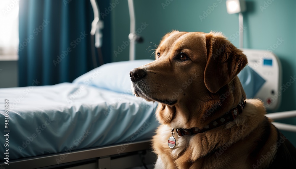 Therapy Dog Sitting Beside Hospital Bed Offering Emotional Comfort to ...