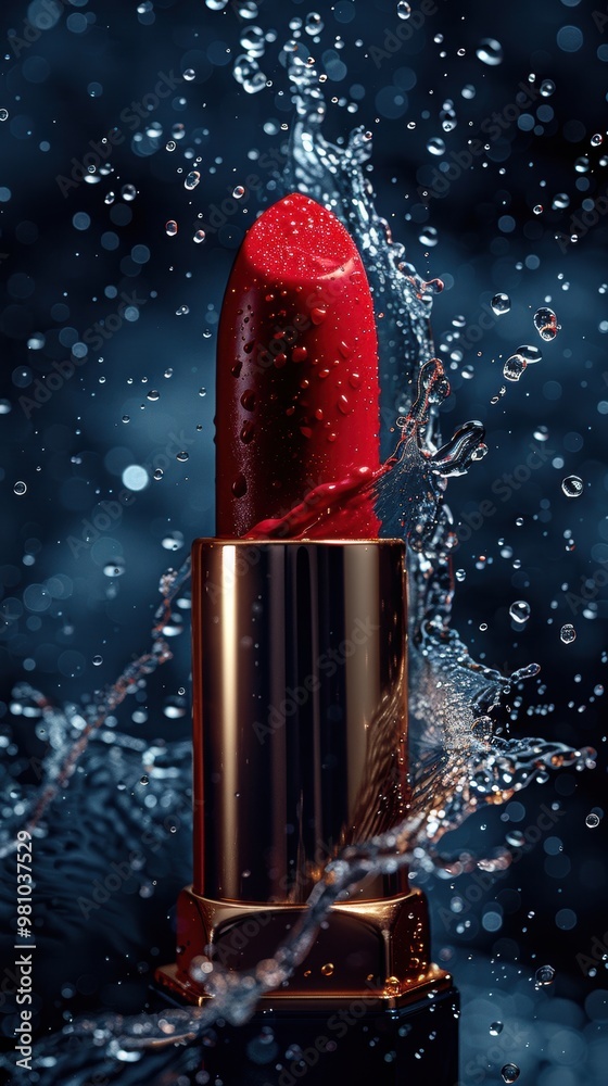Red Lipstick Splash: A single red lipstick emerges from a cascade of ...