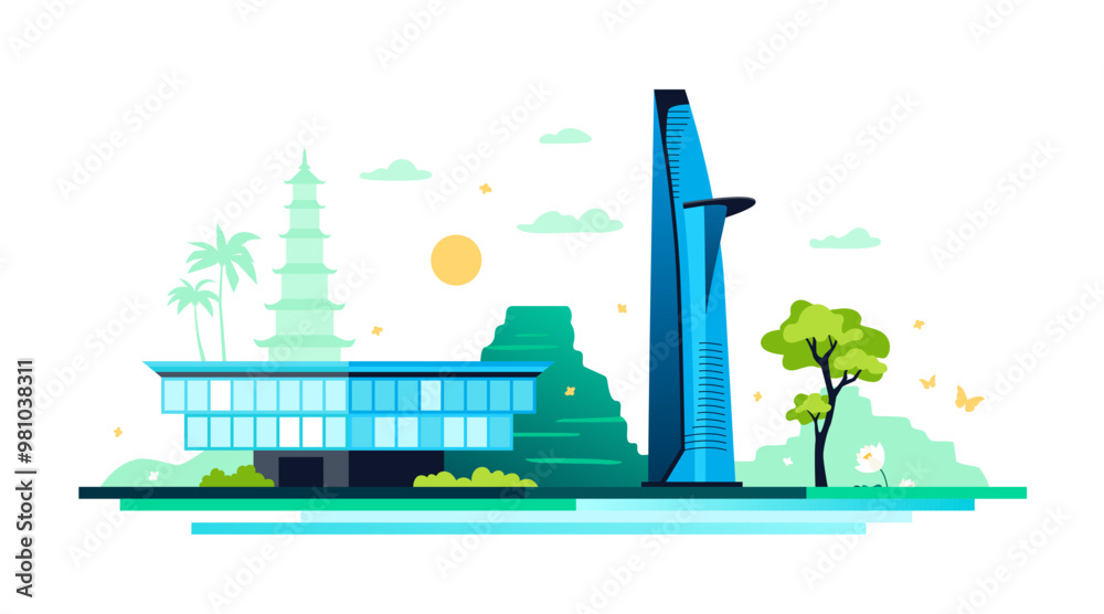 Vietnam modern buildings and nature - colored vector illustration with ...