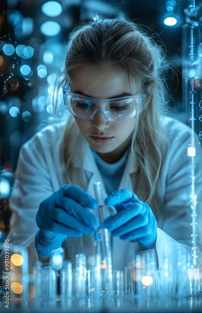 Female scientist in laboratory using test tube, wearing white lab coat ...