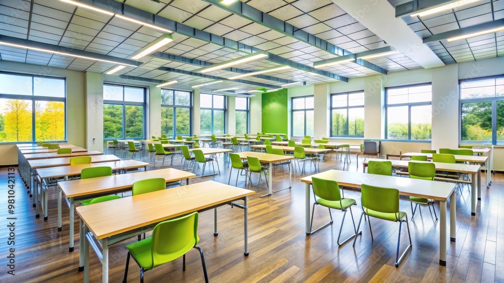 Bright education room with tables set up for final exams , education ...
