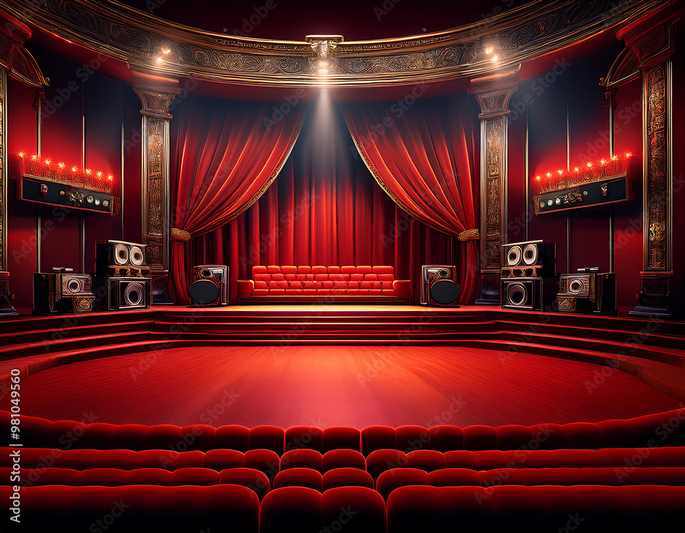 Cinema stage with sound system – A 3D render of a cinema stage setup ...