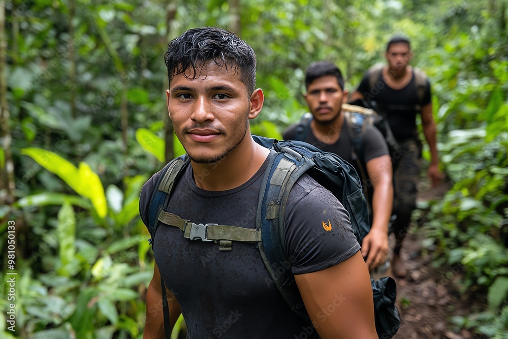 Amazon Forest tribes navigating the dense jungle, moving through thick ...