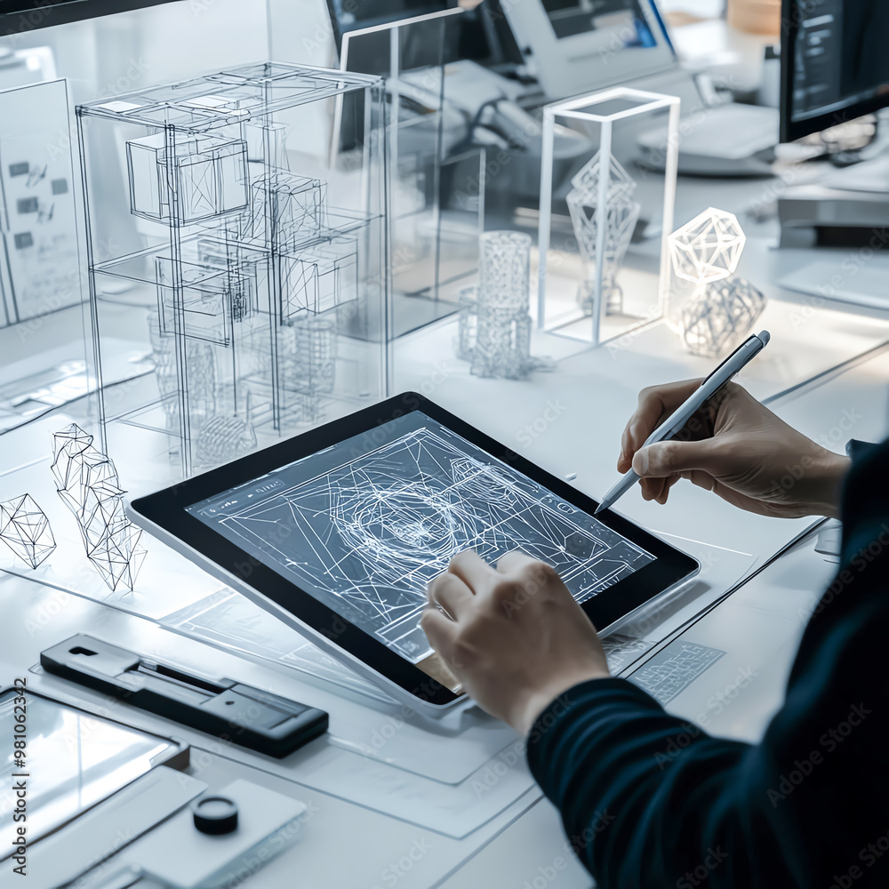 Architect uses digital tablet and stylus to design a 3D model. Stock ...