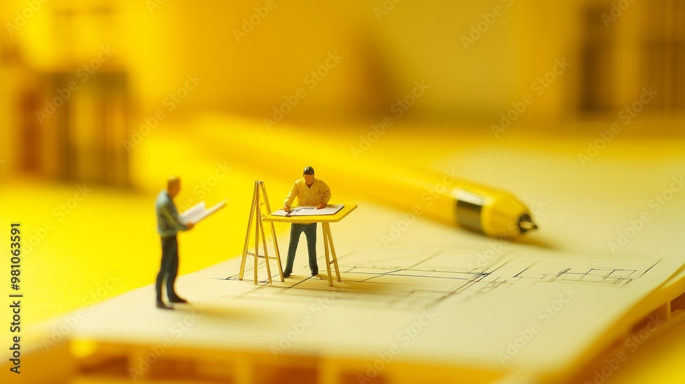 Miniature macro photography, Diorama architects designing blueprints on ...