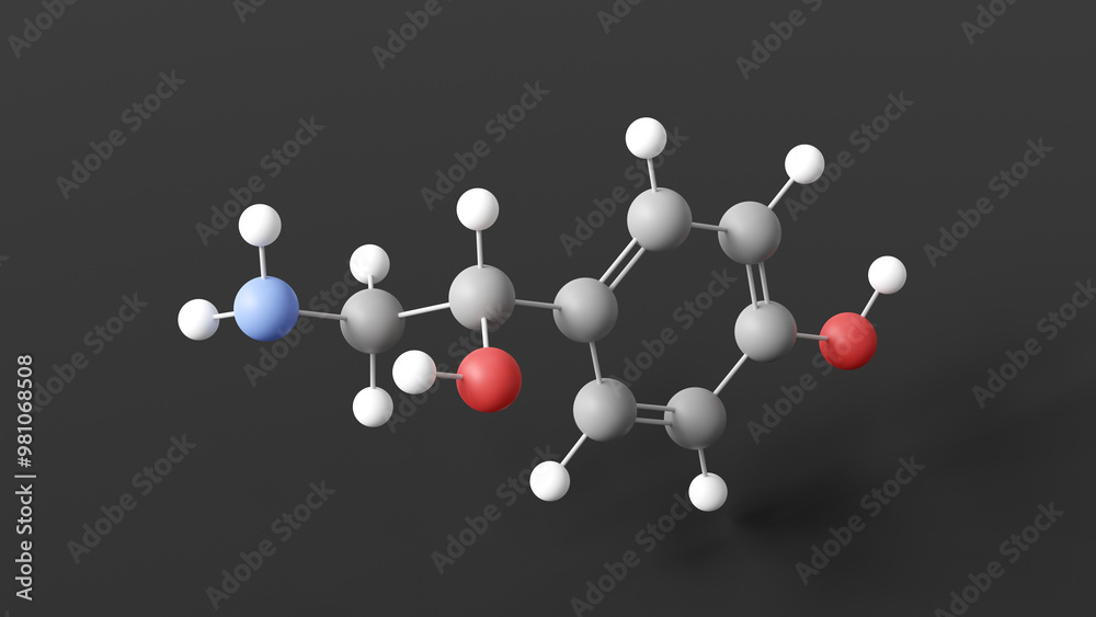 octopamine molecule 3d, molecular structure, ball and stick model ...