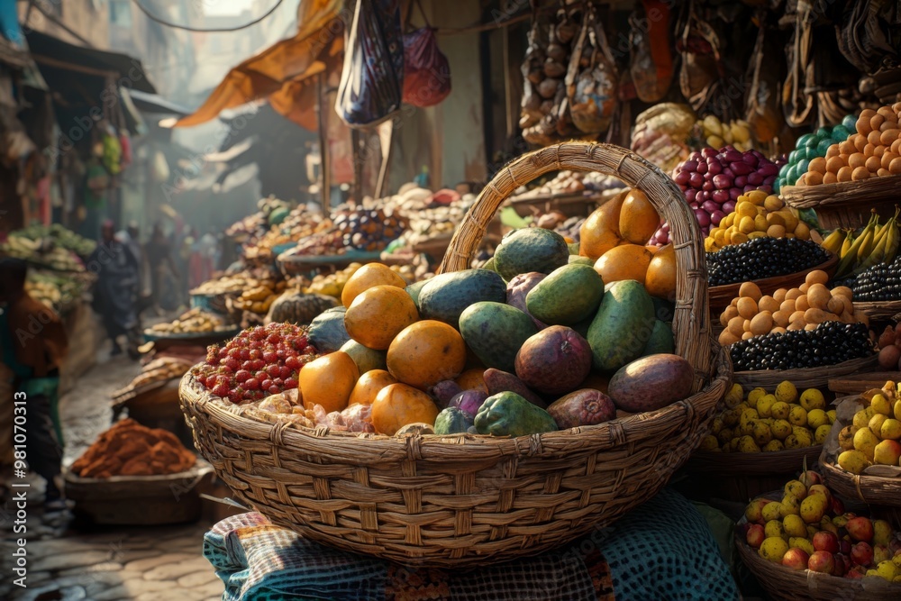 african market scene with vibrant colors, featuring a basket ...