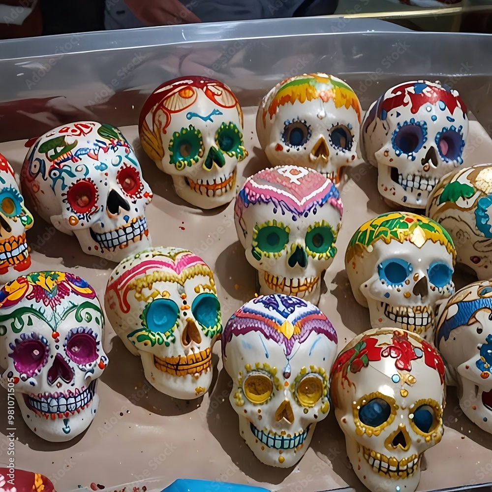 Sugar skulls decorated for the Day of the Dead, with colorful details ...