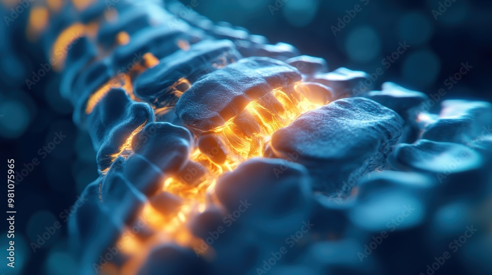 Widescreen 3D depiction of a lower back wracked with the debilitating ...